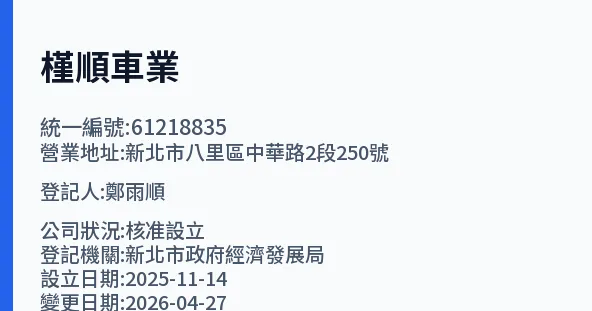 槿順車業的照片-統編 61218835(新北市) 公司登記資料與營業項目詳細圖表