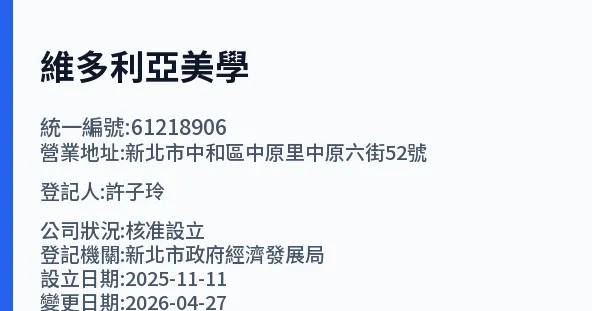 維多利亞美學的照片-統編 61218906(新北市) 公司登記資料與營業項目詳細圖表