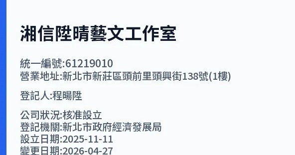 湘信陞晴藝文工作室的照片-統編 61219010(新北市) 公司登記資料與營業項目詳細圖表