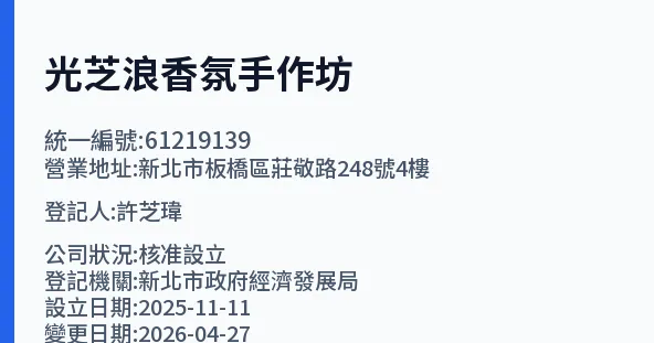 光芝浪香氛手作坊的照片-統編 61219139(新北市) 公司登記資料與營業項目詳細圖表