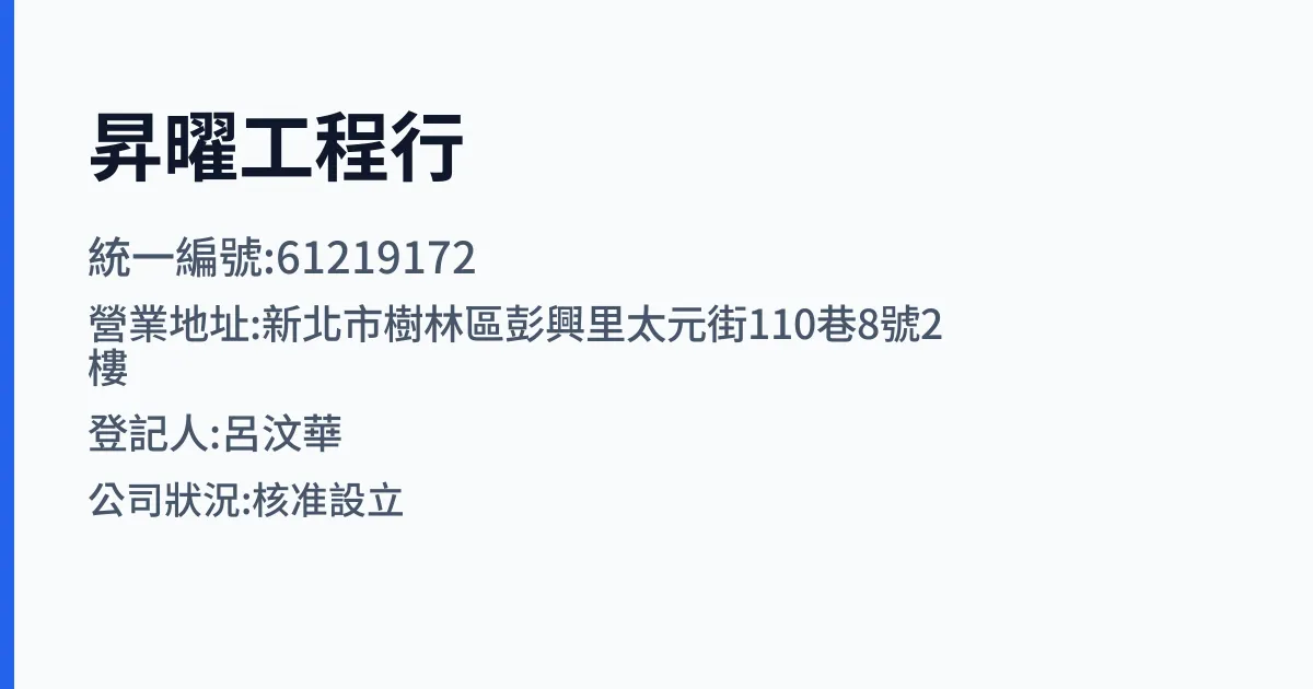 昇曜工程行 - 統編 61219172(新北市) 公司登記資料與營業項目詳細圖表