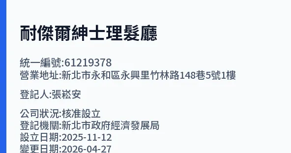 耐傑爾紳士理髮廳的照片-統編 61219378(新北市) 公司登記資料與營業項目詳細圖表