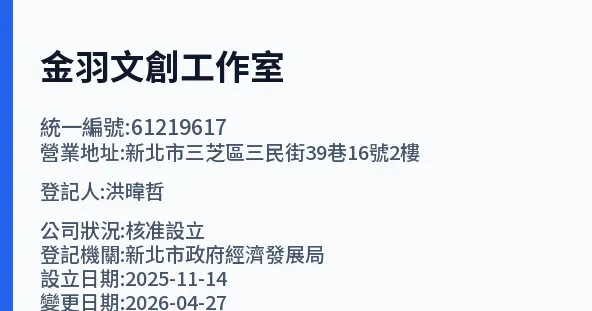 金羽文創工作室的照片-統編 61219617(新北市) 公司登記資料與營業項目詳細圖表