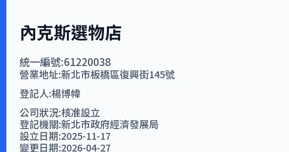 內克斯選物店的照片-統編 61220038(新北市) 公司登記資料與營業項目詳細圖表