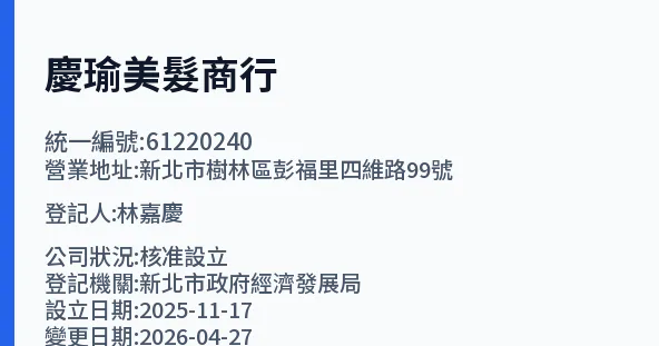 慶瑜美髮商行的照片-統編 61220240(新北市) 公司登記資料與營業項目詳細圖表