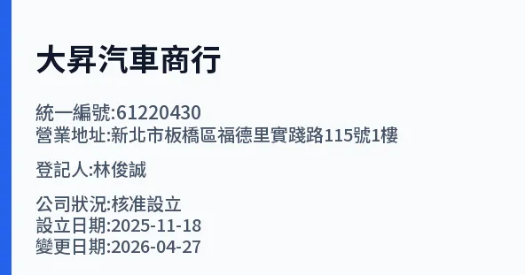 大昇汽車商行的照片-統編 61220430(新北市) 公司登記資料與營業項目詳細圖表