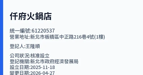 仟府火鍋店的照片-統編 61220537(新北市) 公司登記資料與營業項目詳細圖表