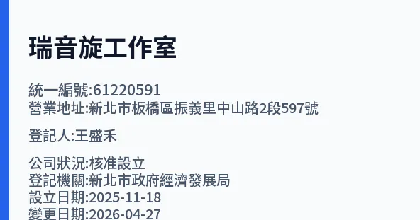 瑞音旋工作室的照片-統編 61220591(新北市) 公司登記資料與營業項目詳細圖表
