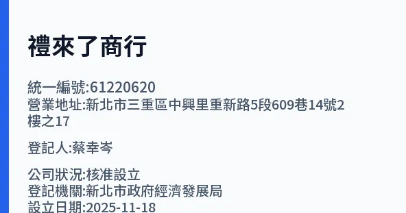 禮來了商行的照片-統編 61220620(新北市) 公司登記資料與營業項目詳細圖表