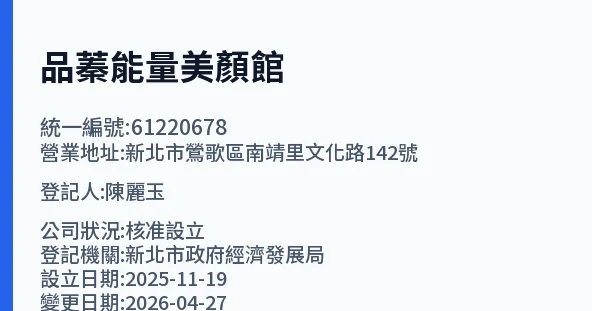 品蓁能量美顏館的照片-統編 61220678(新北市) 公司登記資料與營業項目詳細圖表