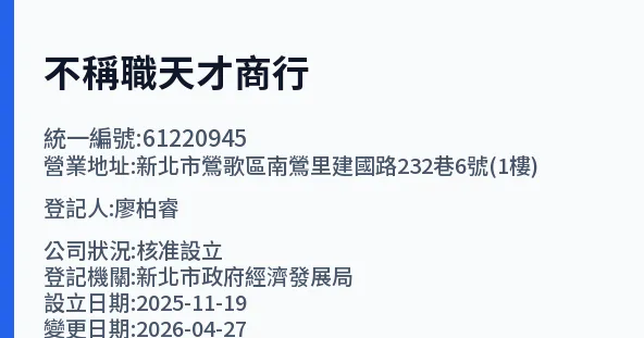 不稱職天才商行的照片-統編 61220945(新北市) 公司登記資料與營業項目詳細圖表