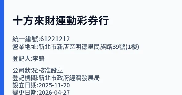 十方來財運動彩券行的照片-統編 61221212(新北市) 公司登記資料與營業項目詳細圖表