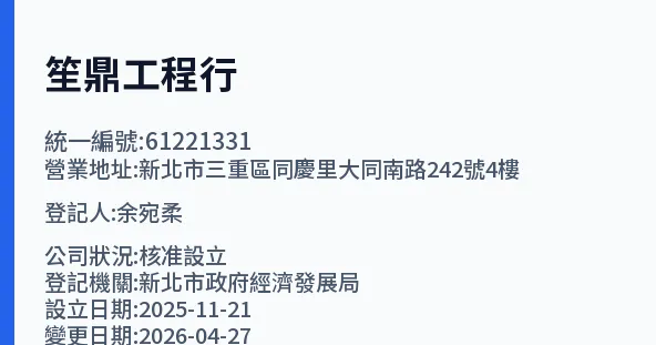 笙鼎工程行的照片-統編 61221331(新北市) 公司登記資料與營業項目詳細圖表