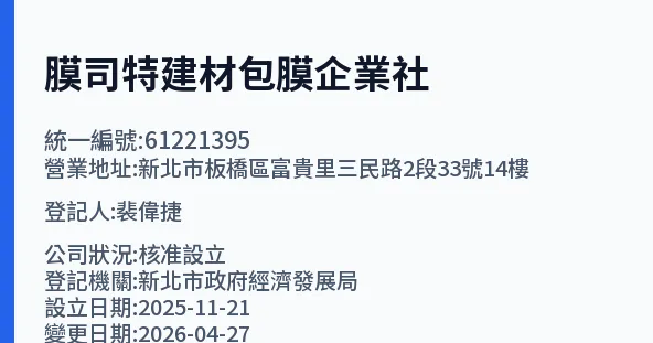 膜司特建材包膜企業社的照片-統編 61221395(新北市) 公司登記資料與營業項目詳細圖表