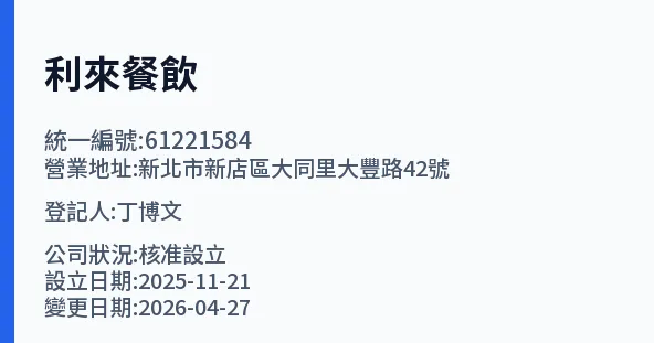 利來餐飲的照片-統編 61221584(新北市) 公司登記資料與營業項目詳細圖表