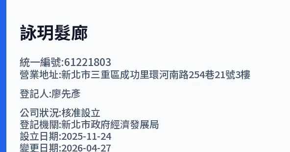詠玥髮廊的照片-統編 61221803(新北市) 公司登記資料與營業項目詳細圖表