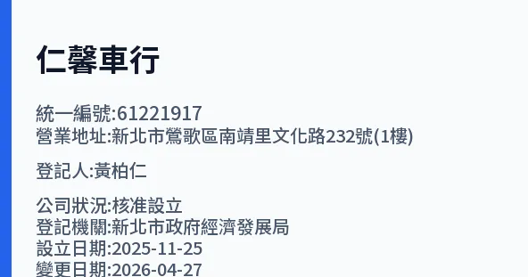 仁馨車行的照片-統編 61221917(新北市) 公司登記資料與營業項目詳細圖表