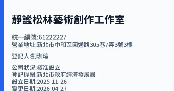 靜謐松林藝術創作工作室的照片-統編 61222227(新北市) 公司登記資料與營業項目詳細圖表