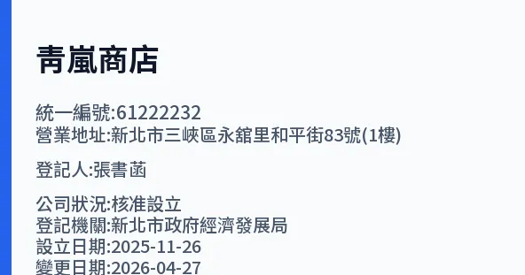 靑嵐商店的照片-統編 61222232(新北市) 公司登記資料與營業項目詳細圖表