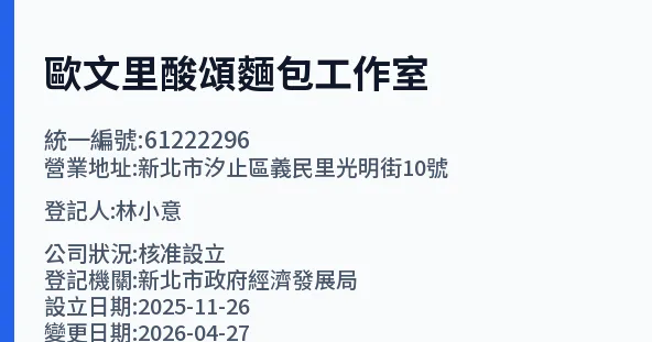歐文里酸頌麵包工作室的照片-統編 61222296(新北市) 公司登記資料與營業項目詳細圖表