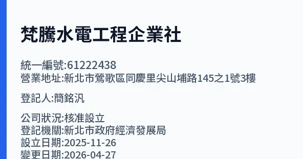 梵騰水電工程企業社的照片-統編 61222438(新北市) 公司登記資料與營業項目詳細圖表