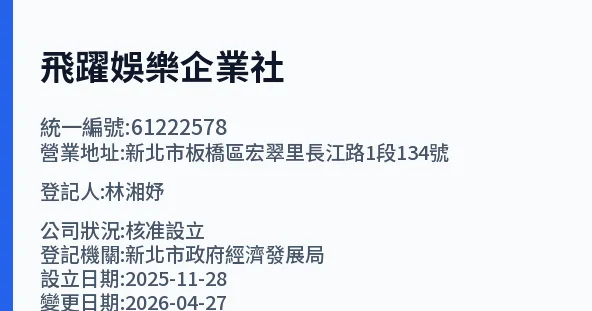 飛躍娛樂企業社的照片-統編 61222578(新北市) 公司登記資料與營業項目詳細圖表