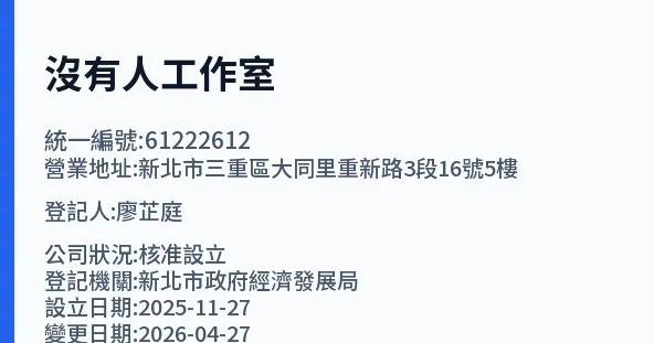 沒有人工作室的照片-統編 61222612(新北市) 公司登記資料與營業項目詳細圖表