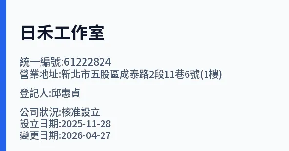 日禾工作室的照片-統編 61222824(新北市) 公司登記資料與營業項目詳細圖表