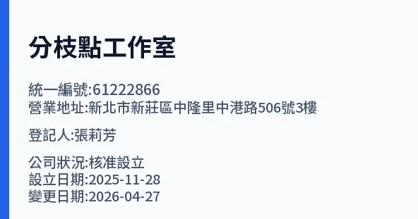分枝點工作室的照片-統編 61222866(新北市) 公司登記資料與營業項目詳細圖表