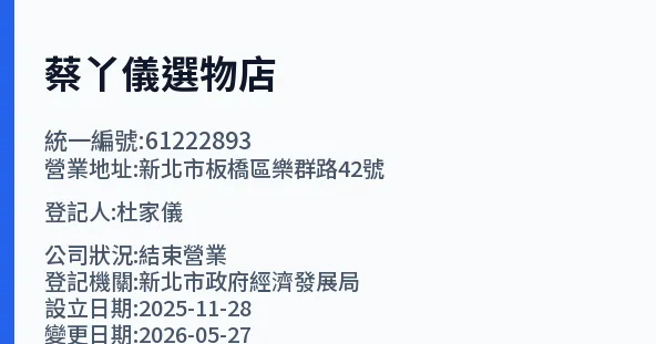 蔡丫儀選物店的照片-統編 61222893(新北市) 公司登記資料與營業項目詳細圖表