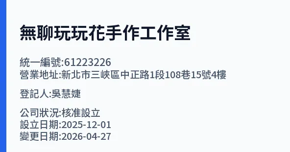 無聊玩玩花手作工作室的照片-統編 61223226(新北市) 公司登記資料與營業項目詳細圖表