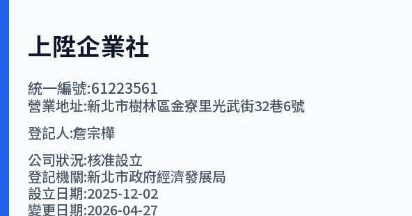 上陞企業社的照片-統編 61223561(新北市) 公司登記資料與營業項目詳細圖表