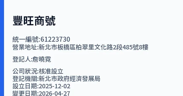 豐旺商號的照片-統編 61223730(新北市) 公司登記資料與營業項目詳細圖表