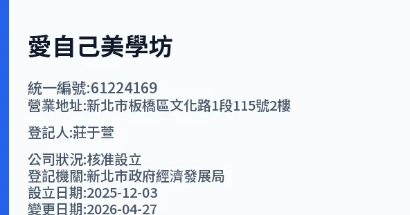 愛自己美學坊的照片-統編 61224169(新北市) 公司登記資料與營業項目詳細圖表