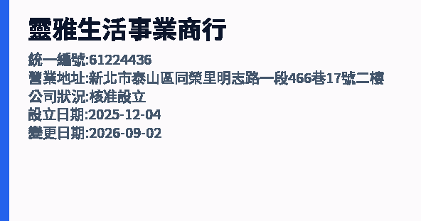 靈雅生活事業商行的照片-統編 61224436 公司登記資料與營業項目詳細圖表