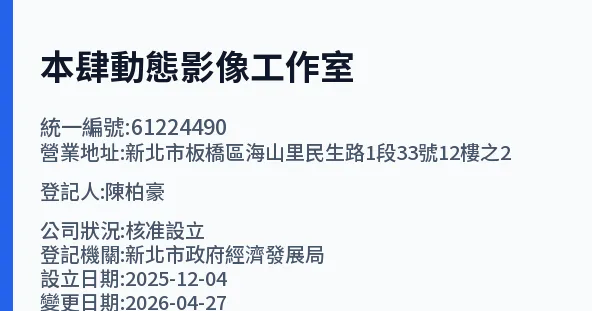 本肆動態影像工作室的照片-統編 61224490(新北市) 公司登記資料與營業項目詳細圖表