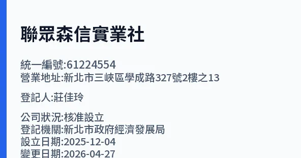 聯眾森信實業社的照片-統編 61224554(新北市) 公司登記資料與營業項目詳細圖表