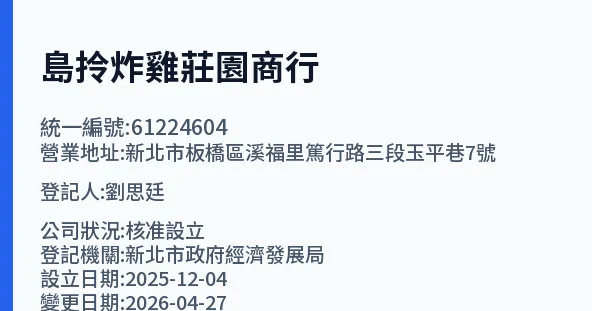 島拎炸雞莊園商行的照片-統編 61224604(新北市) 公司登記資料與營業項目詳細圖表