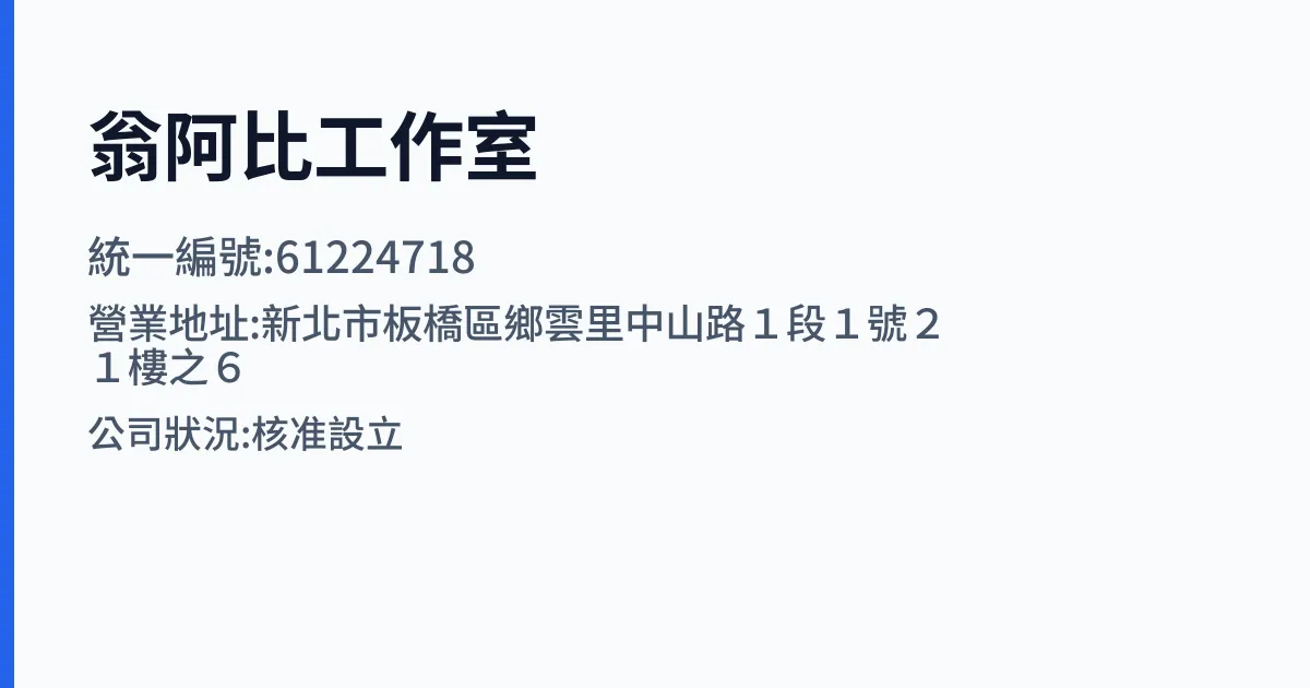翁阿比工作室 - 統編 61224718(新北市) 公司登記資料與營業項目詳細圖表