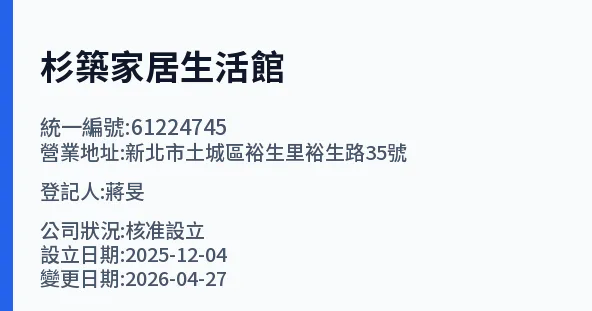 杉築家居生活館的照片-統編 61224745(新北市) 公司登記資料與營業項目詳細圖表