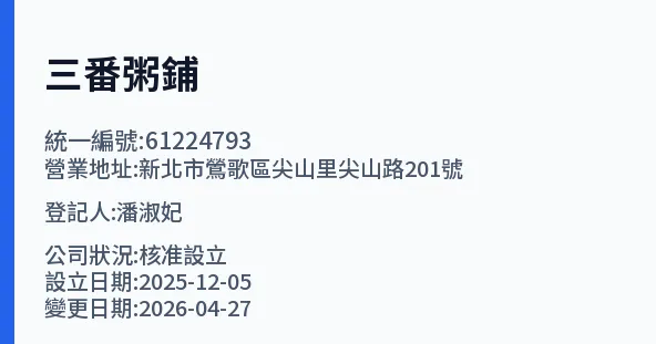 三番粥鋪的照片-統編 61224793(新北市) 公司登記資料與營業項目詳細圖表