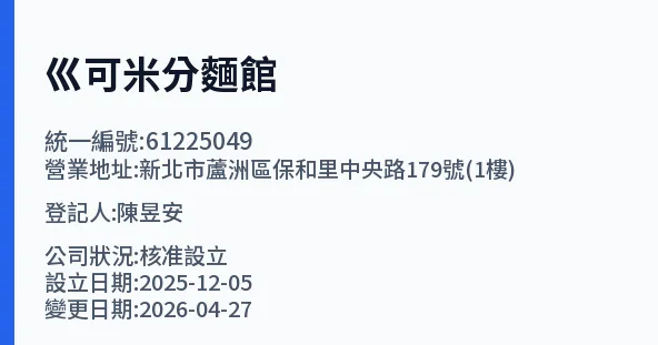 巛可米分麵館的照片-統編 61225049(新北市) 公司登記資料與營業項目詳細圖表