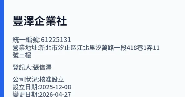 豐澤企業社的照片-統編 61225131(新北市) 公司登記資料與營業項目詳細圖表