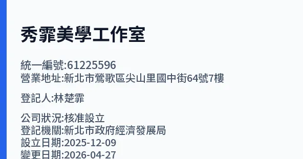 秀霏美學工作室的照片-統編 61225596(新北市) 公司登記資料與營業項目詳細圖表