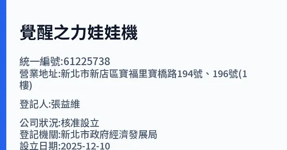 覺醒之力娃娃機的照片-統編 61225738(新北市) 公司登記資料與營業項目詳細圖表