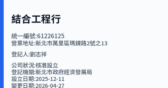 結合工程行的照片-統編 61226125(新北市) 公司登記資料與營業項目詳細圖表