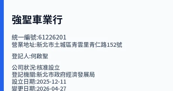 強聖車業行的照片-統編 61226201(新北市) 公司登記資料與營業項目詳細圖表