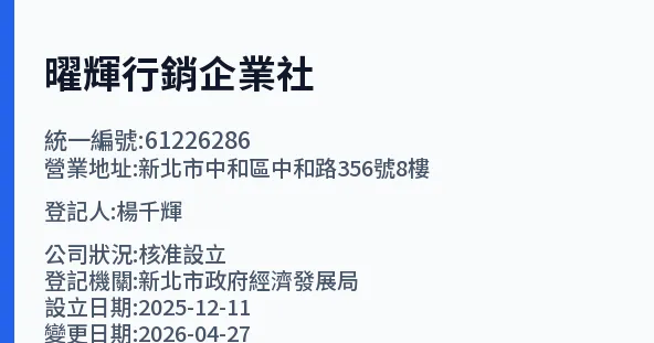 曜輝行銷企業社的照片-統編 61226286(新北市) 公司登記資料與營業項目詳細圖表