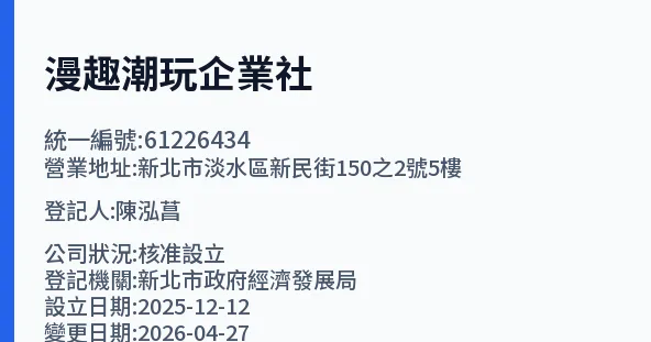 漫趣潮玩企業社的照片-統編 61226434(新北市) 公司登記資料與營業項目詳細圖表