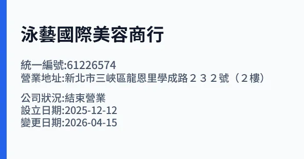 泳藝國際美容商行的照片-統編 61226574(新北市) 公司登記資料與營業項目詳細圖表